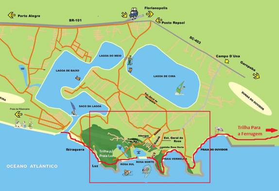 Mapa da região da Praia do Rosa mostrando as trilhas para Ibiraquera ...