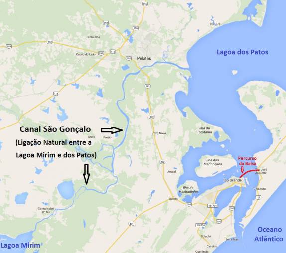 Mapa mostrando o Canal São Gonçalo, ligação natural entre as duas ...